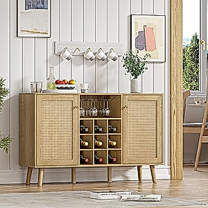 Giluta Rattan Wine Bar Cabinet 2-Door Farmhouse Liquor Cabinet with Wine Rack and Glass Holder, Rustic Oak Sideboard Buffet Storage, Modern Wooden Coffee Bar Cabinet for Living Dining Room Kitchen