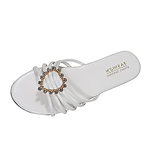 Comfy Flip Flops for Women Slippers Ladies Summer Bohemian Style Solid Color Leather Heart Diamond Open Toe Flat Fashion Slippers (White, 9)