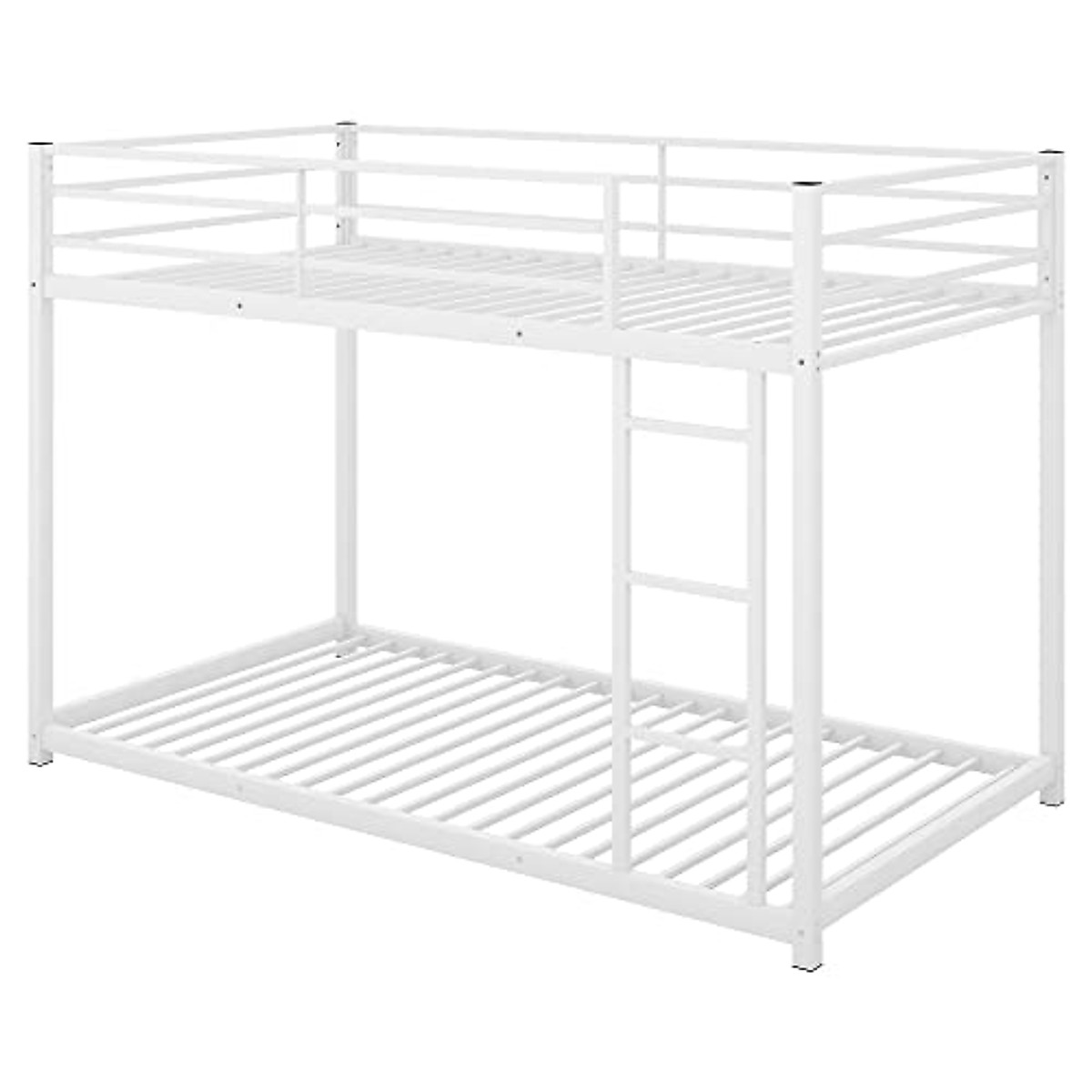 LostCat Bunk Bed Twin Over Twin, Low Bunk Beds with Safety Guardrail and Ladder, Metal Floor Bunk Bed with Slat Support, No Box Spring Needed, Easy Assembly, White