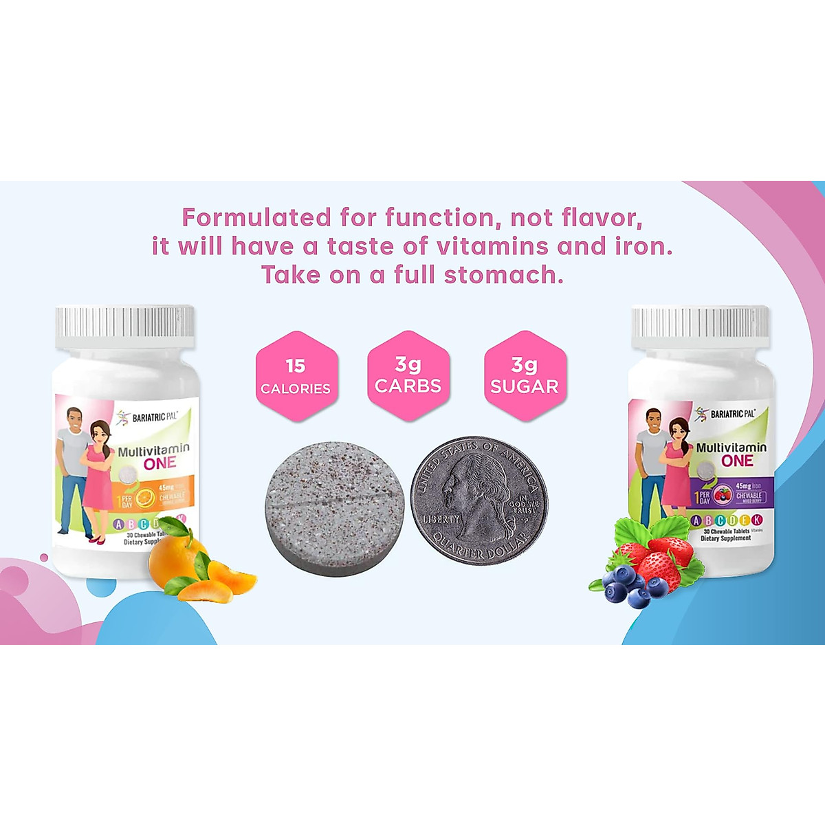 BariatricPal Multivitamin ONE 1 per Day! Bariatric Multivitamin Chewable with 45mg Iron - Mixed Berry (30 Count)