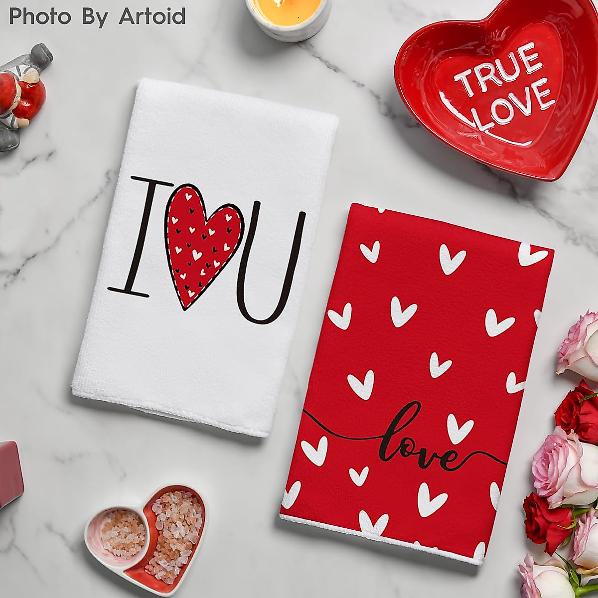 Artoid Mode Red I Love You Valentine's Day Kitchen Towels Dish Towels, 18x26 Inch Seasonal Decoration Hand Towels Set of 2
