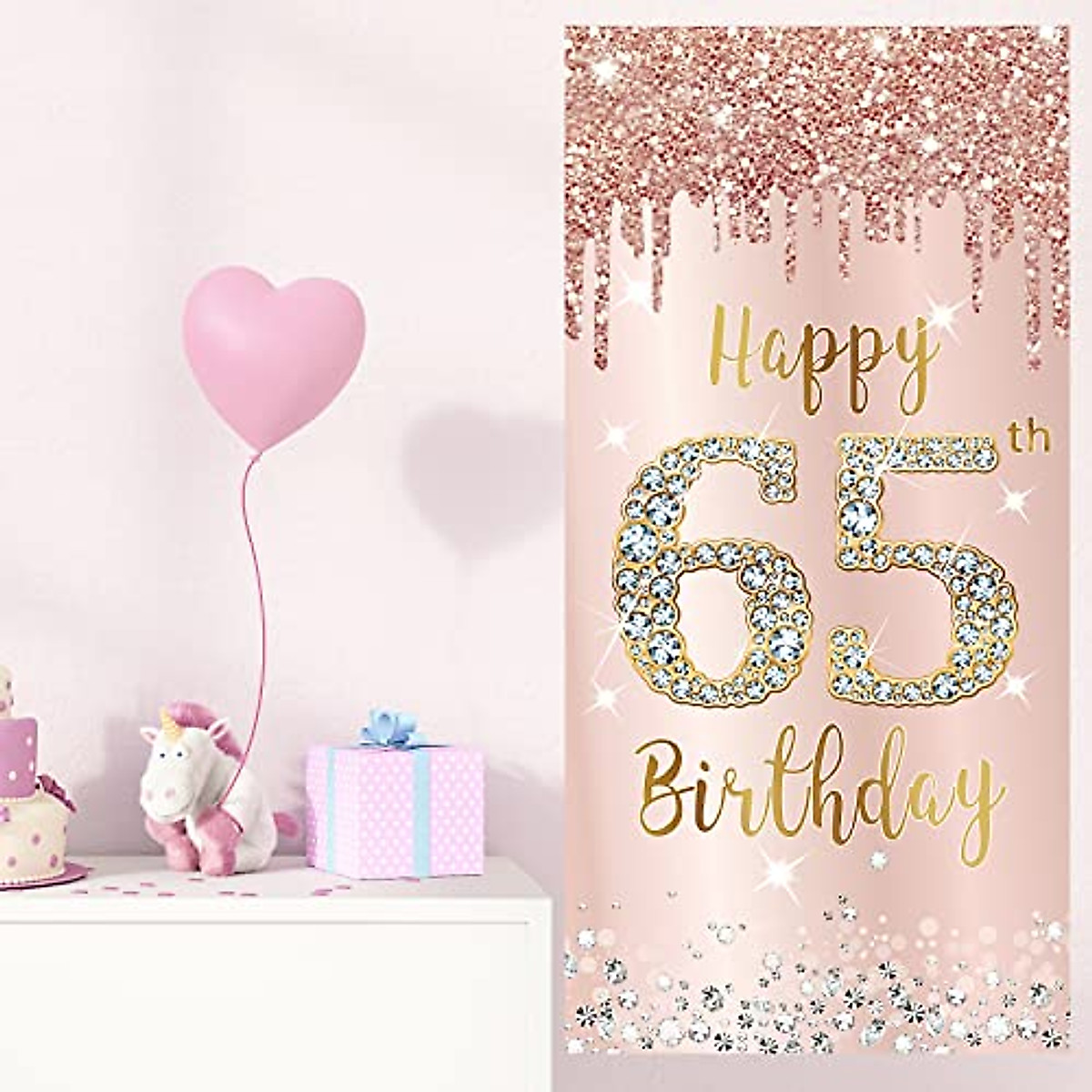 65th Birthday Decorations Door Banner for Women, Pink Rose Gold Happy 65 Birthday Backdrop Party Supplies, 65 Year Old Birthday Poster Door Cover Sign Decor