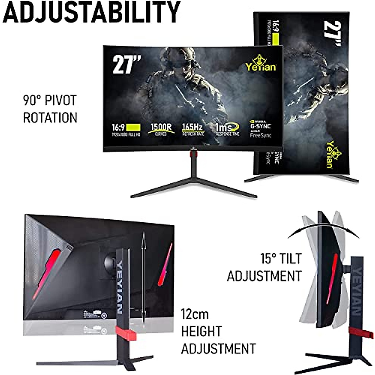 YEYIAN Sigurd 3001 27” Curved PC Gaming Frameless LED Multistand Monitor, 1080P HD, 165Hz, 1ms, 3000:1, 16:9, 178°, 16.7M Colors, G-Sync, FreeSync, DP/DVI/HDMI, Speaker, Tilt/Height/Pivot Adjustable