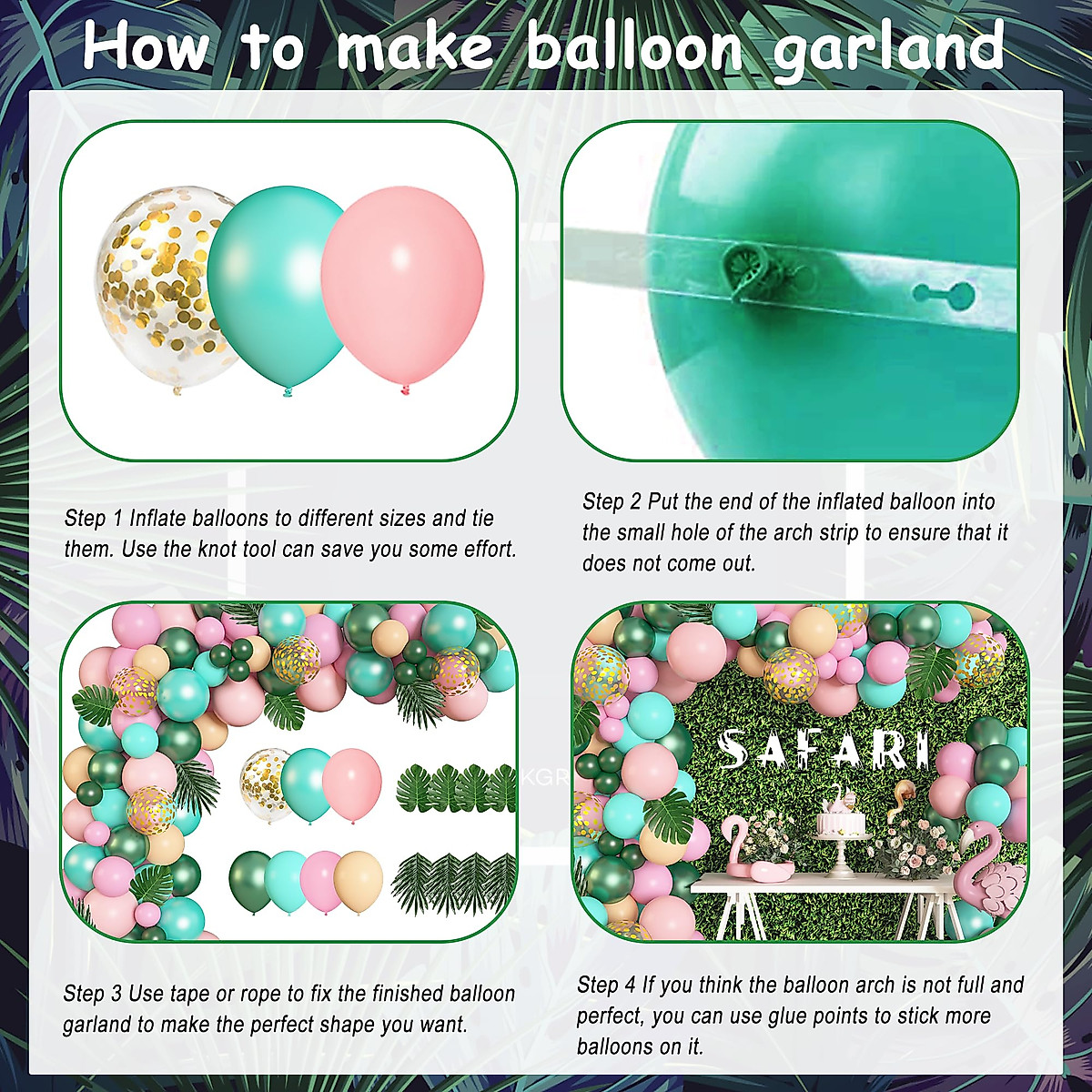 140Pcs Jungle Safari Theme Birthday Party Supplies, Tropical Balloon Garland Arch Kit Decorations Pink and Green Balloons Tropical Leaves Kids Girl Hawaii Wild One Baby Shower Birthday Party Supplies