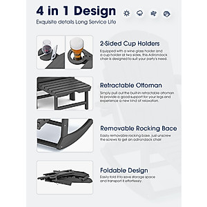 KINGYES Folding Adirondack Rocking Chair with Retractable Ottoman and Cup Holders, 4-in-1 Multifunctional HDPE Adirondack Chair for Porch, Patio, Balcony, Leaden Grey