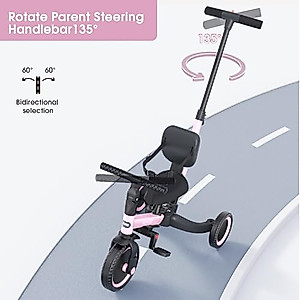 newyoo Toddler Tricycle,Toddler Bike,Birthday Gifts and Toys for 1-3 Year Old Boys and Girls, Trike with Push Handle, Backrest and Safety Belt, Balance Bike, TR007, Pink