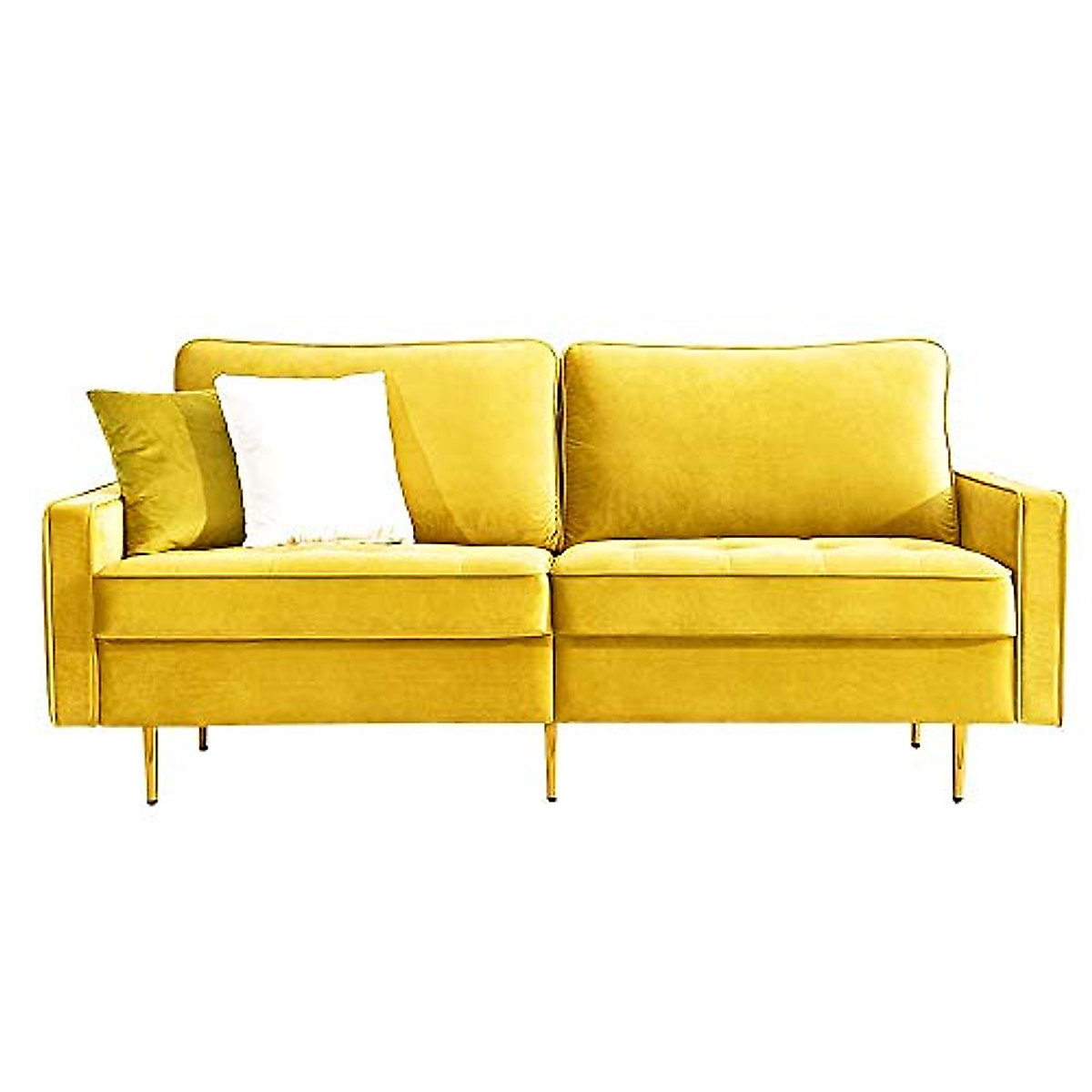 Danxee Loveseat Sofa Living Room Sofa with 2 Throw Pillows Modern Sofa Couch Velvet Fabric Golden Metal Legs 3 Seats 71 inch Wide (Yellow)