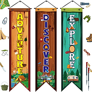 Chiisong 3 Pcs Camping Party Banners Camping Door Porch Sign Camping Party Decoration Camper Adventure Sign Welcome Camping Banner for Camping Theme Birthday Party Classroom Campsite Decorations