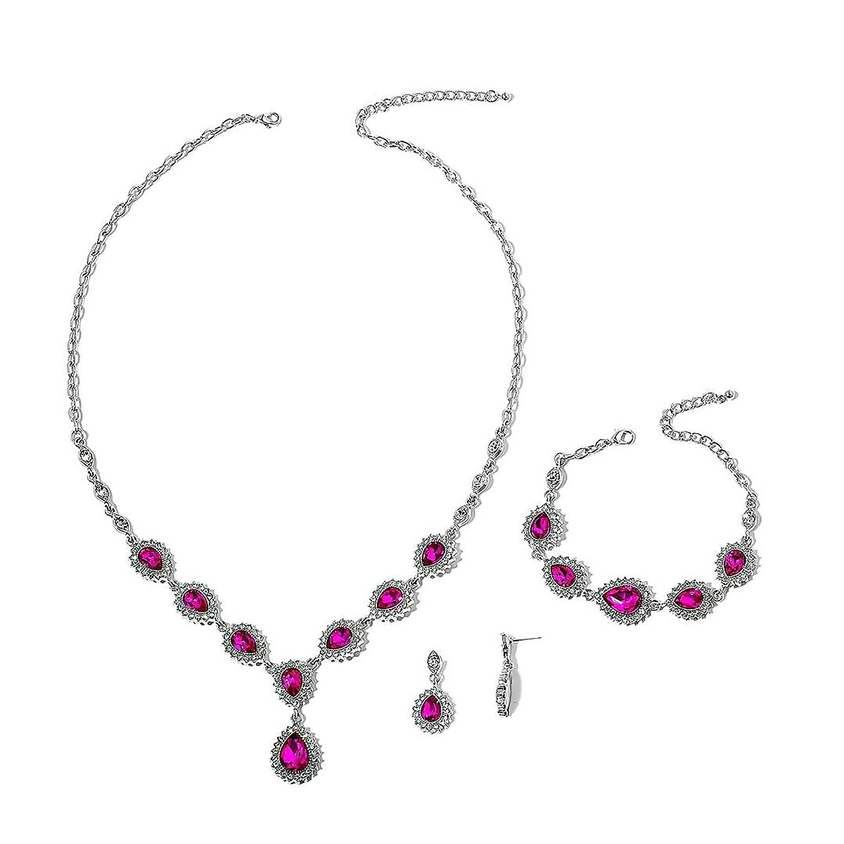 Shop LC Wedding Costume Jewelry Set for Women Bridesmaid Teardrop Necklace Bracelet Earrings Pink Crystal Bridal Gifts for Women Size 20" & 7.5'' Birthday Gifts