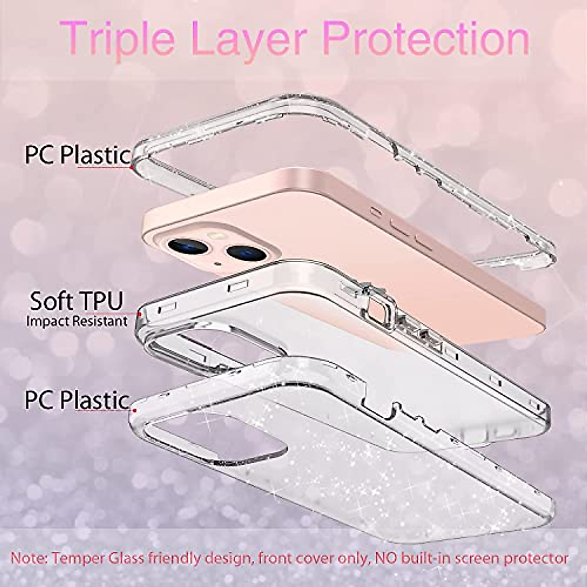 Coolwee Crystal Glitter Full Protective Case Compatible iPhone 13 Heavy Duty Hybrid 3 in 1 Rugged Shockproof Women Girls Transparent Compatible with Apple iPhone 13 6.1 inch Shiny Clear Bling Sparkle