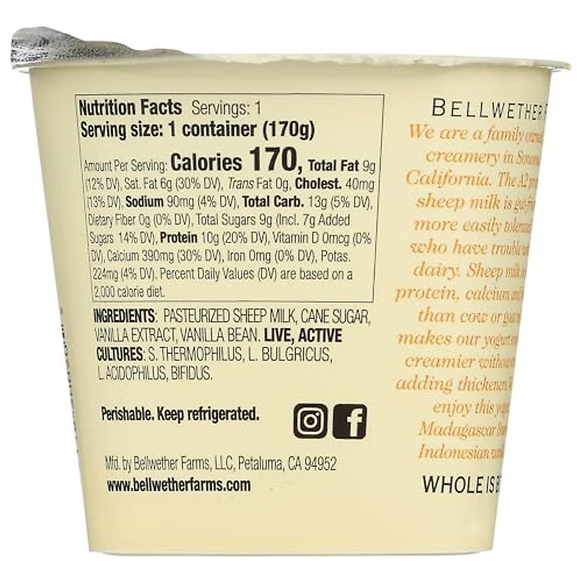 Bellwether Farms, Sheep Milk Yogurt, Vanilla, 6 oz