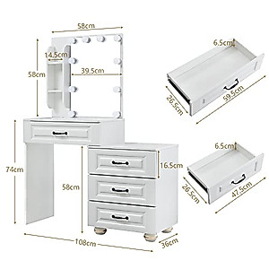 White Vanity Set, Makeup Vanity Desk with Lighted Mirror and Cushioned Stool, Bedroom Set with 4 Drawers and Shelves for Women, Girls