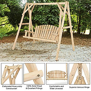 Tangkula Wooden Porch Swing, A-Frame Wood Log Swing Bench Chair, Outdoor Rustic Curved Back Swing Chair for Patio Garden Yard