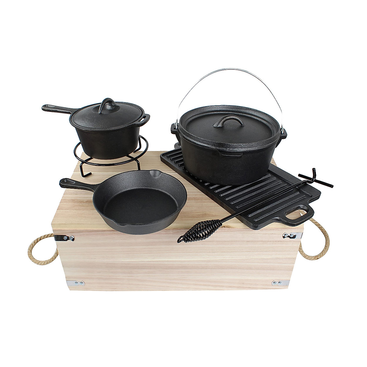 Lot45 Dutch Oven Camping Cooking Set 7pc Cookware - Cast Iron Griddle, 4.5qt Dutch Oven, Frying Pan, 2.5qt Sauce Pan