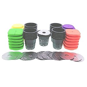 HORTIPOTS 2-Layered Clone Collars w 2 in Net Pots & Reflective Lids, Replacement for 24-Sited DWC Cutting Clone & Seedling Root System (4-Colored Pack of 25)
