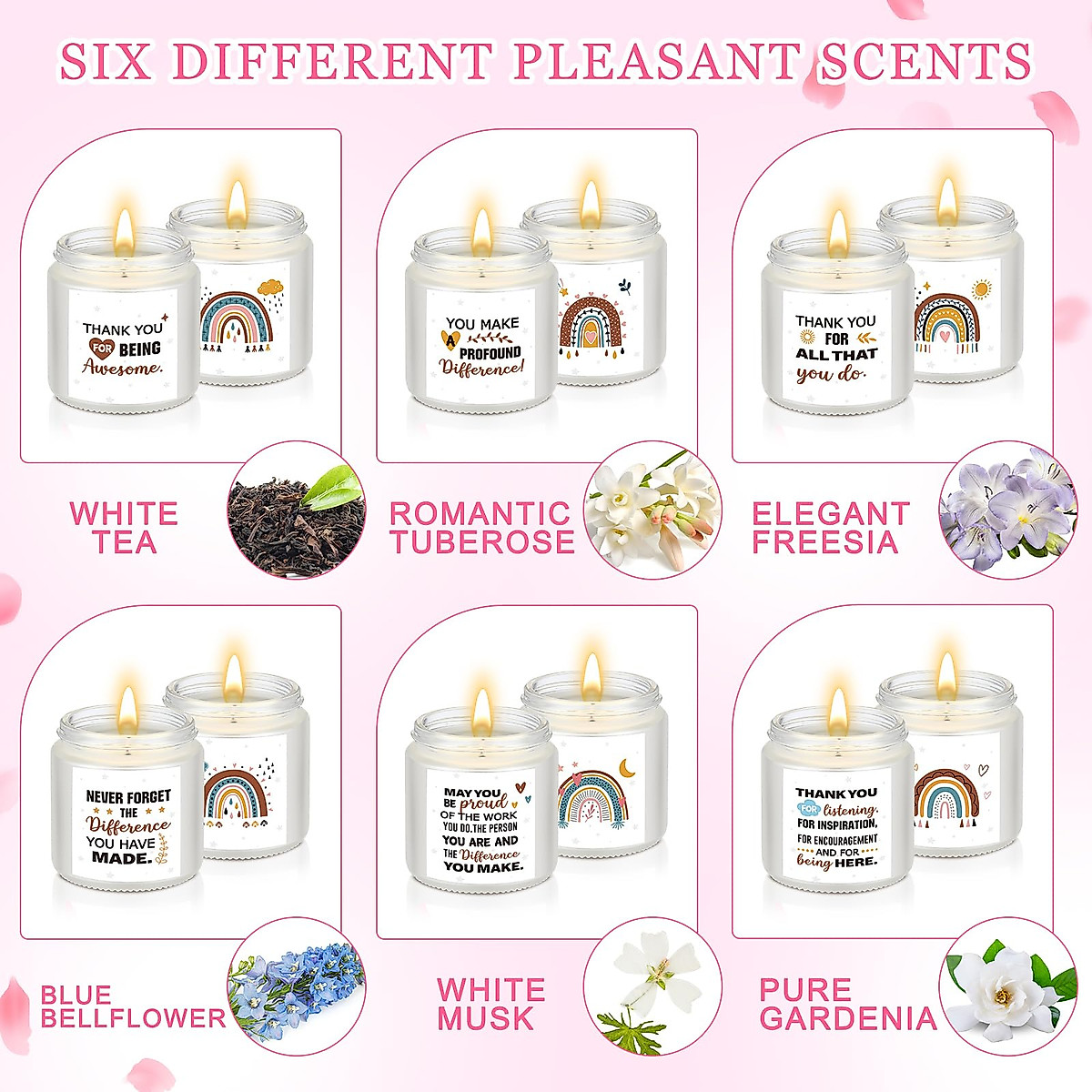 MTLEE 6 Pcs Employee Appreciation Candles Gifts Bulk 3.5 oz Thank You Candle Set Inspirational Motivational Boho Rainbow Aromatherapy Scented Jar Candles for Women Coworker Teamworker Teacher