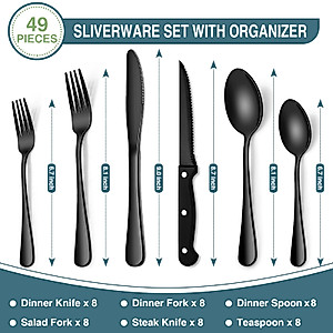 Black Silverware Set, Umite Chef 49-Piece Flatware Set with Drawer Organizer, Durable Stainless Steel Cutlery Set for 8, Tableware Eating Utensils with Steak Knives, Utensil Sets for Home Restaurant