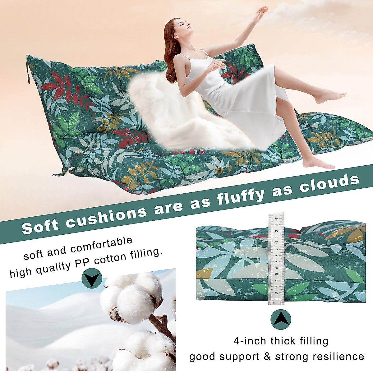 HIYEN Porch Swing Cushions 3 Seater Replacement, Waterproof Bench Cushions for Outdoor Furniture with Backrest, 4" Thickened Patio Swing Cushion with Ties (Flower, 47 * 40 inch)