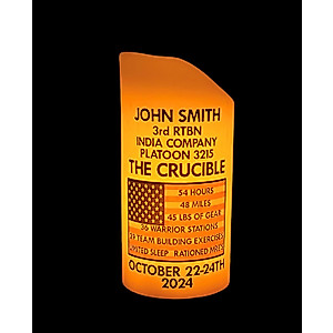 Ships Fast from Texas! Personalized Crucible Smooth Wax LED Flameless Flickering Prayer Candle with Name, Battalion, Company, and Platoon.