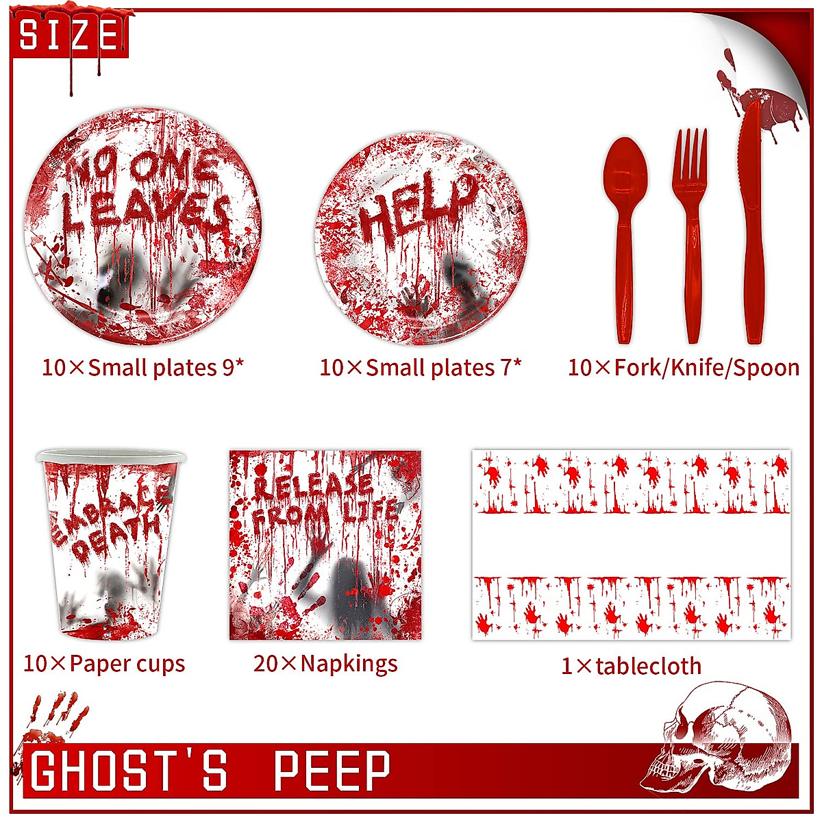 81Pcs Halloween Tableware and Decorations, 20 Guest - Halloween Plates, Party Cups, Napkins, Tablecloths, Plate, Knives, Forks, Halloween Party Supplies(Red)