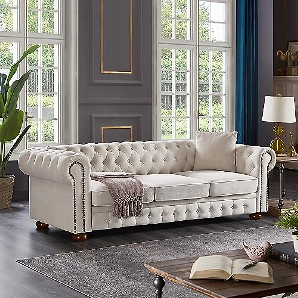 FANYE 88.5" 3-Seaters Chesterfield Clasic Luxury Roller Armrest Special Wood Legs Sectional,Button Tufted Linen Fabric Upholstered Modular Sofa Couch with Removable Cushions & Nailhead Decor, Beige