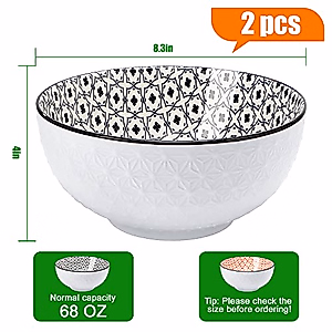 Farielyn-X 8.3" Large Salad Soup Ramen Bowls, 68 OZ Super Stackable Round Fine Porcelain Cereal Pasta Serving Bowl Sets, 2 Pack - Microwavable Ceramic Bowls - Heat and Cold Resistant Porcelain