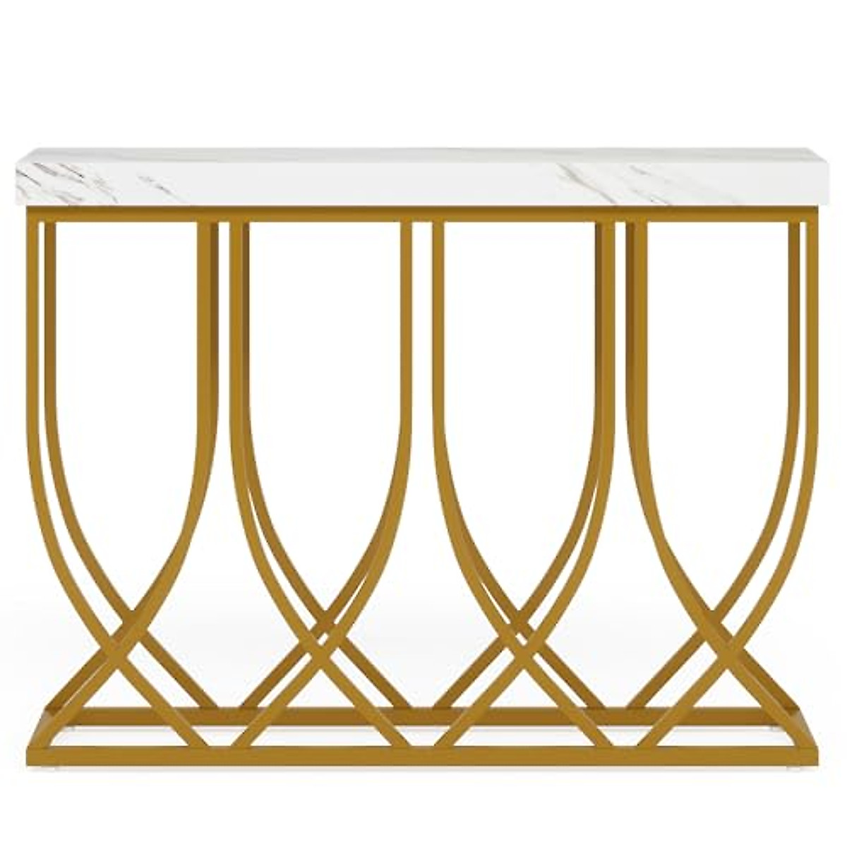 Tribesigns Gold Console Table, Modern Faux Marble Veneer Entryway Foyer Table, 39.4” Narrow Sofa Accent Table with Geometric Metal Legs for Living Room, Hallway, Entrance, White & Gold