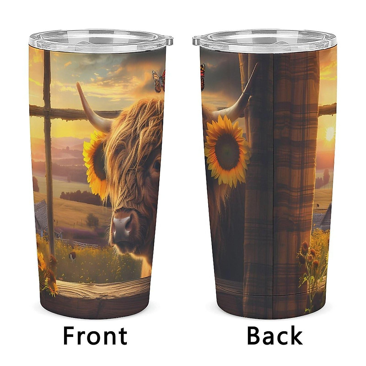 Highland Cow From Window Sunflower Sunset 20 Oz Tumbler with Straw Lid Insulated Travel Coffee Mug Large Capacity Car Cup