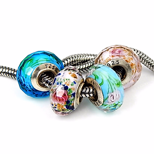 Comelyjewel Set of 4 Handmade Faceted Murano Glass Charm Bead with Roses for Charms Bracelets