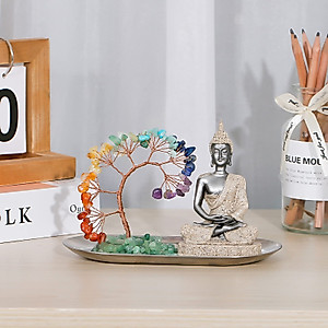 INNOLITES 7 Chakra Crystal Tree and Buddha Statue set, Yoga Meditation Decor, Money Tree and Buda Statues for Home Living Room Office Shelf Decoration Wealth and Luck（Silver）