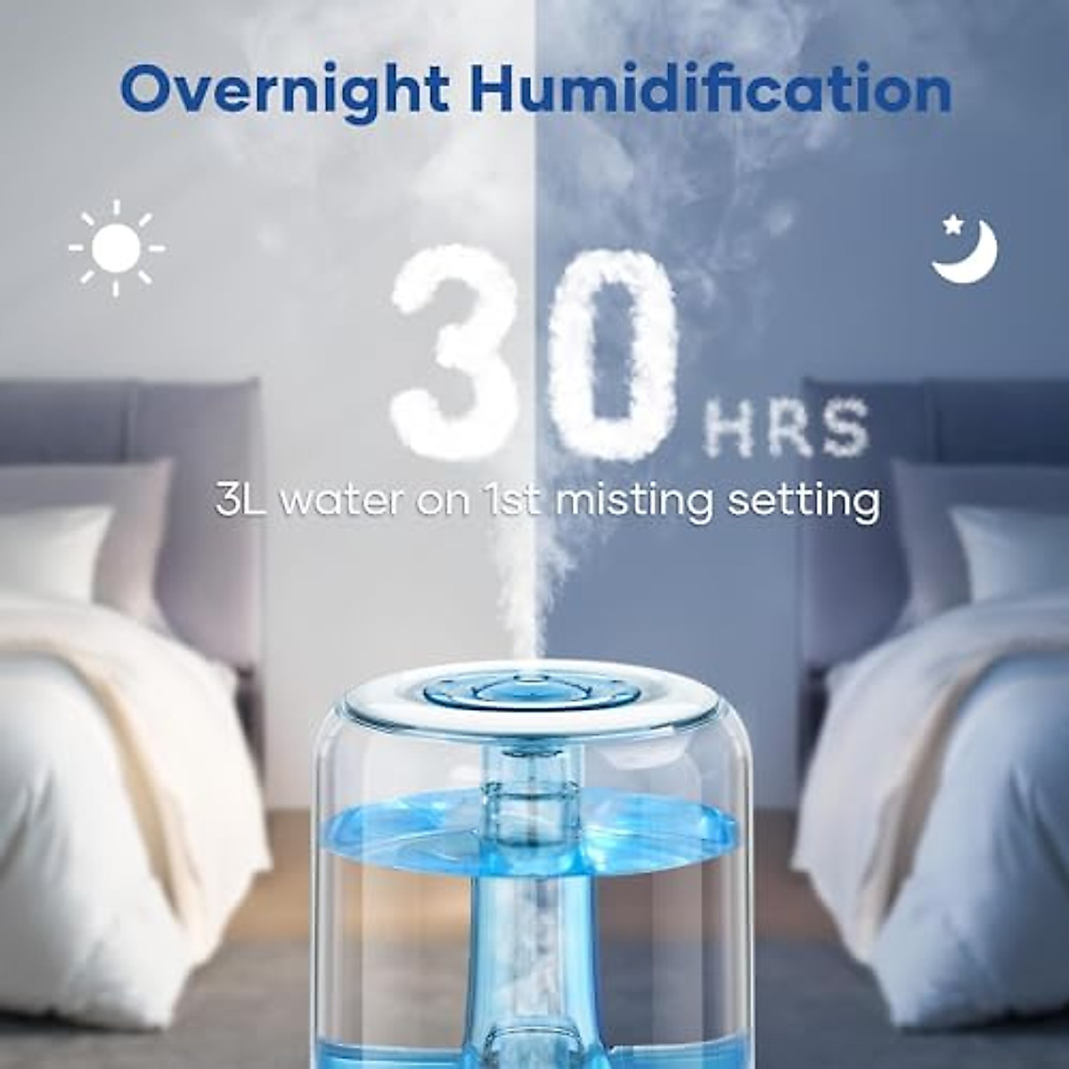 HiLIFE Humidifiers for Bedroom, 3L Ultrasonic Cool Mist Humidifiers for Home Baby Nursery & Plants, Quiet Top Fill Air Humidifier Lasts Up to 30 Hours, Auto Shut-Off, Filterless
