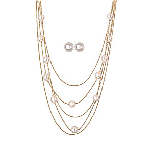 Nicole Miller Pearls Multi-strand Long Necklace Set with Pearl Earrings (Gold/White)