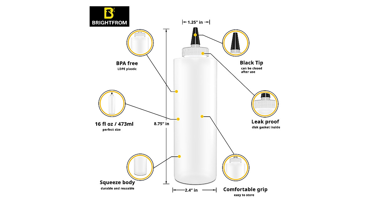 BRIGHTFROM 16 OZ Wide Neck Squeeze Bottles - Leak Proof & Reusable