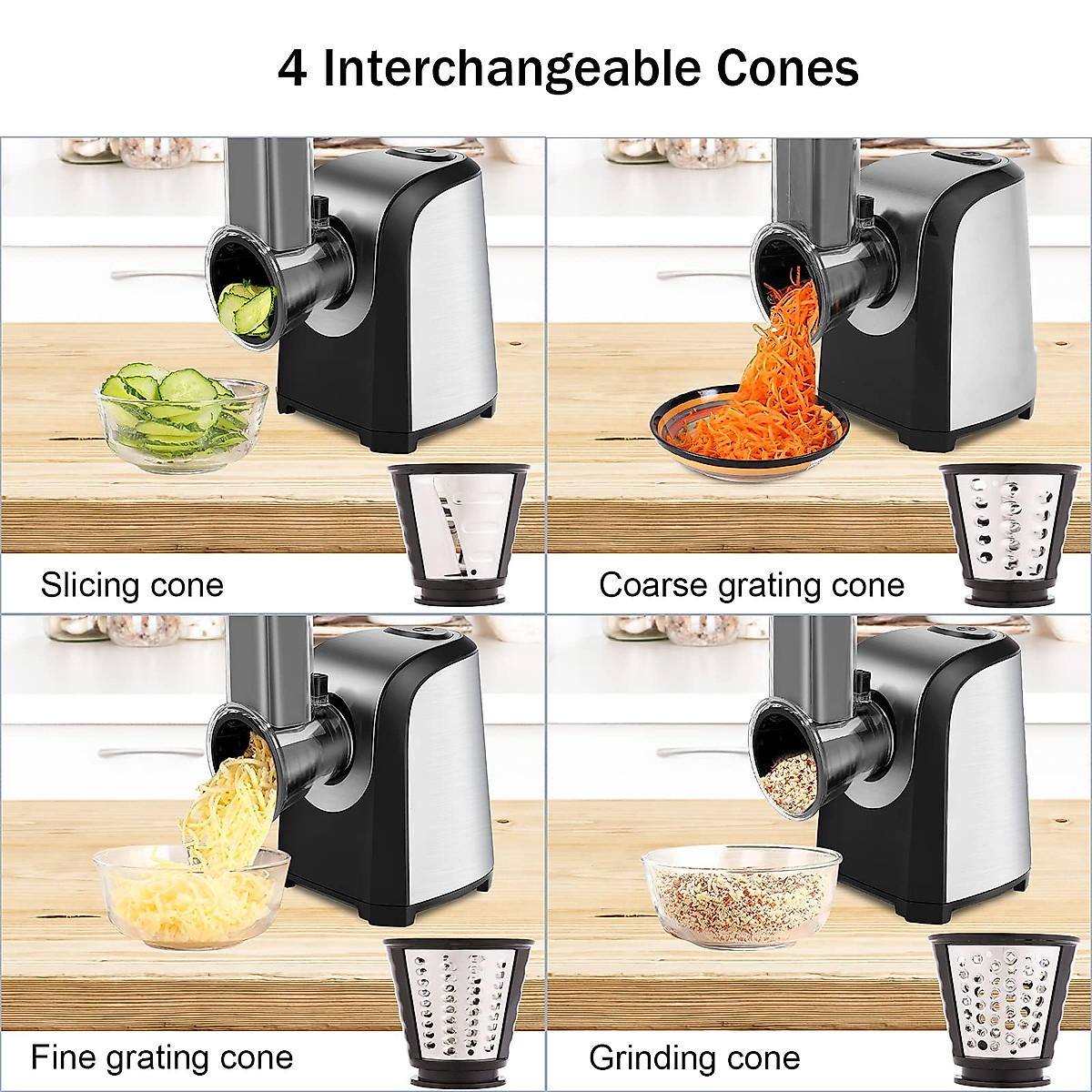 Electric Cheese Grater,Professional Electric Slicer Shredder,150W 4 in 1 Electric Salad Machine for Fruits, Vegetables, Cheeses, Salad Maker with 4 Free Attachments for Home Kitchen Use