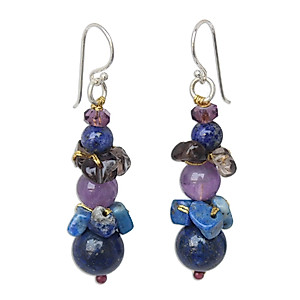 NOVICA Artisan Handcrafted Lapis Lazuli Amethyst Beaded Earrings | Quartz Earrings Dangling | Multicolor Long Earrings | Natural Gemstone Earrings | Chalcedony Earrings For Women | Thailand