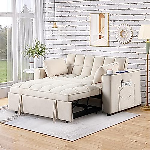 FULife Futon Sofa Loveseat with Cup Holder,USB Port,Side Pocket&Pillows,Adjustable Pull Out Sleeper Sofá Chair Bed,Convertible Upholstered Lounge Chaise Couch Armchair for Living Room