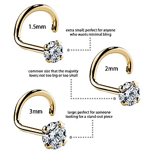FreshTrends 3mm Cubic Zirconia 14K Yellow Gold Nose Ring Twist Screw - 20G