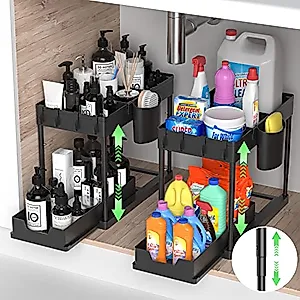 2 Pack Under Sink Organizers and Storage, 2 Tier Black Bathroom Cabinet Organizer with 4-Height Adjustable Telescopic Tube,4 Removable Dividers,4 Hooks,1 Cup,Bathroom Under Sink Organizer for Home