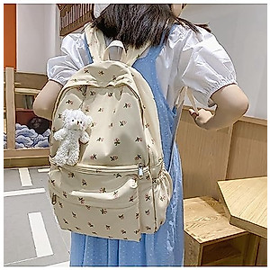 JHTPSLR Cottagecore Aesthetic Backpack with Plushies Pink Floral Preppy Backpack Flowers Backpack Cute Kawaii Backpack Book Bags (Beige)