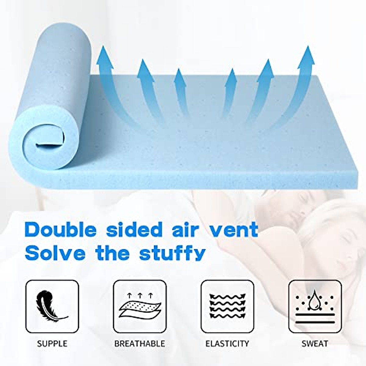 BLKMTY Twin Mattress Topper 3 Inch Ventilated Memory Foam Mattress Gel Memory Mattress Topper Breathable Soft Mattress in a Box, Blue