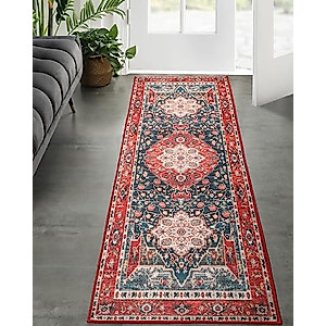 Comeet Washable Runner Rug - 2x6 Boho Hallway Runner Rug, Non-Slip Kitchen Bathroom Runner Rugs, Long Vintage Accent Area Rug for Entryway Laundry Bedroom Red/Blue
