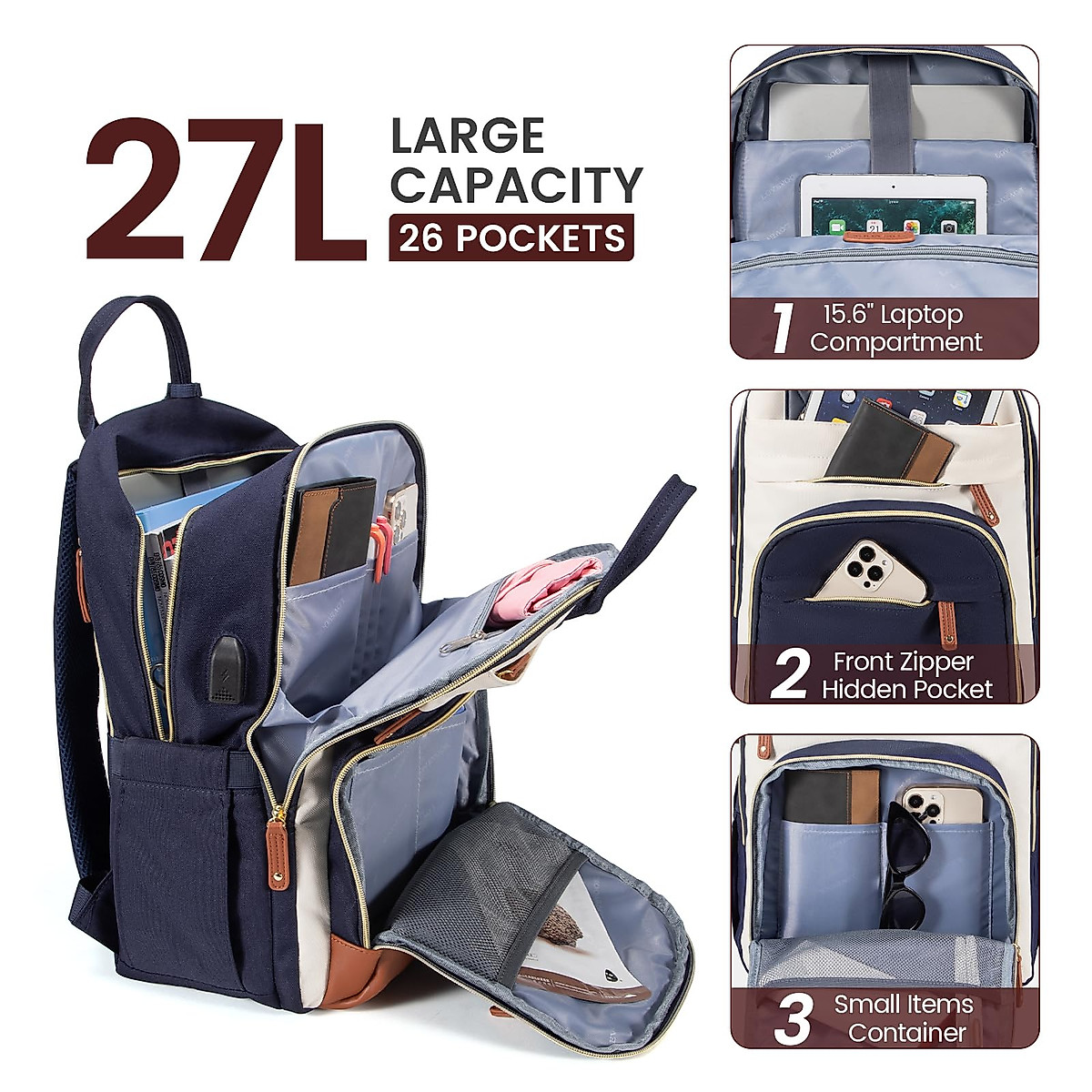 LOVEVOOK Backpack for Women,Laptop Backpack Women,Fits 15.6 Inch Laptop Bag,School Backpacks,Fashion Travel Work Anti-theft Bag,Waterproof Business Computer College Backpack Purse,Beige-Blue-Brown