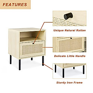 Lamerge Rattan Nightstand Set of 2, Wooden End Table, Modern Side Table with Storage Drawer and Opening Shelf, Accent Table for Living Room, Bedroom and Small Spaces, Natural
