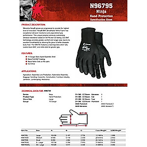 MCR Safety N96795L Ninja BNF Nitrile Gloves, ANSI Puncture 2, Abrasion 5, 15 Gauge Nylon/Spandex Shell with Full BNF Coating and Nitrile Grip Dots, 1-Pair, Large