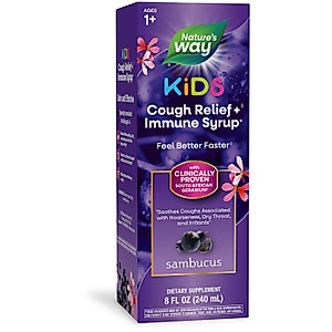 Nature’s Way Sambucus Kids Cough Relief +** Immune Syrup*, Feel Better Faster**, Clinically Proven South African Geranium, with Elderberry Extract, Vitamin C & Zinc, 8 Oz (Packaging May Vary)