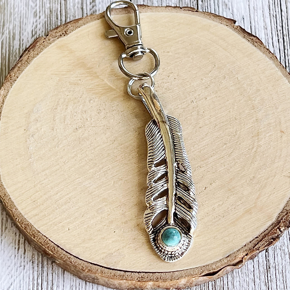 Silver Boho Feather Western Turquoise Zipper Pull for Backpacks, Cute Rhinestone Purse Charms, Unique Custom Handbag Jewelry, Personalized Zipper Charms, Camera Bag Charms, Cool Key Chain Charm