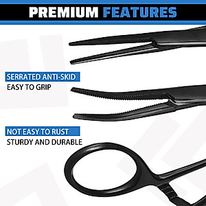 BBTO 2 Pcs Hemostat Curved and Straight Hemostat Forceps Piercing Pliers Forceps, Stainless Steel Straight and Curved Pliers, Fishing Tweezer Hemostats (Black)