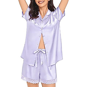 SWOMOG Womens Silky Satin Pajamas for Bridesmaid Short Sleeve Top with Short Sleeve Sleepwear Pj Set 2 Piece Loungwear