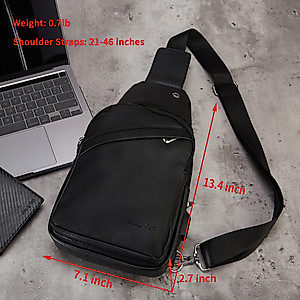 Men's Small Leather Sling Bags Water Resistant Travel Chest Shoulder Crossbody Bag with USB Black