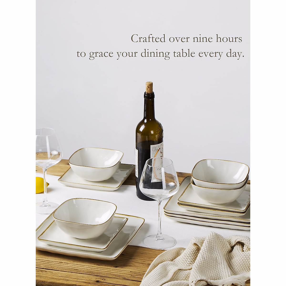 Famiware Dinnerware Sets for 4, Ocean Square 12-Piece Kitchen Plates and Bowls Sets, Microwave and Dishwasher Safe, Scratch Resistant, Vanilla White